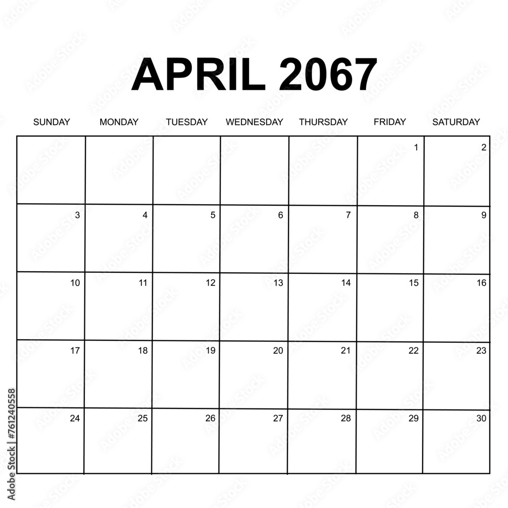 april 2067. monthly calendar design. week starts on sunday. printable ...