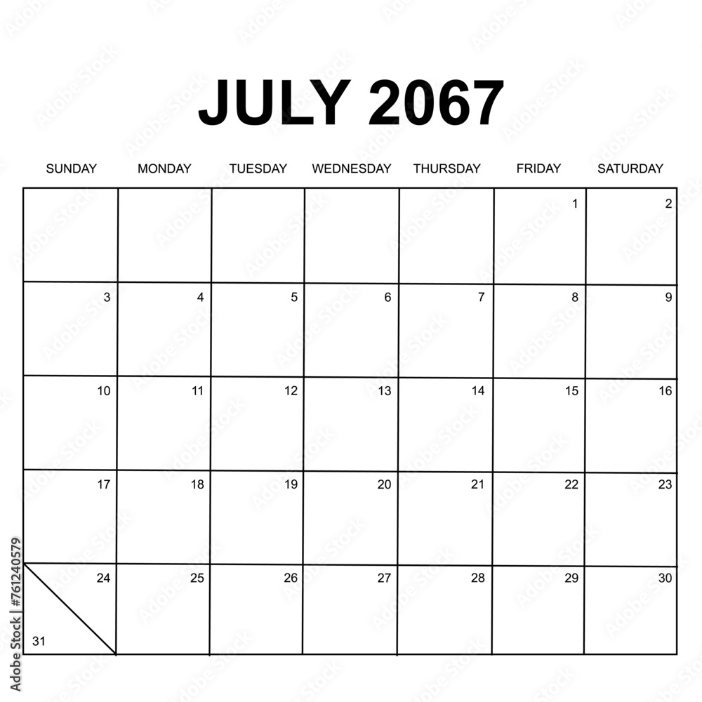 july 2067. monthly calendar design. week starts on sunday. printable ...