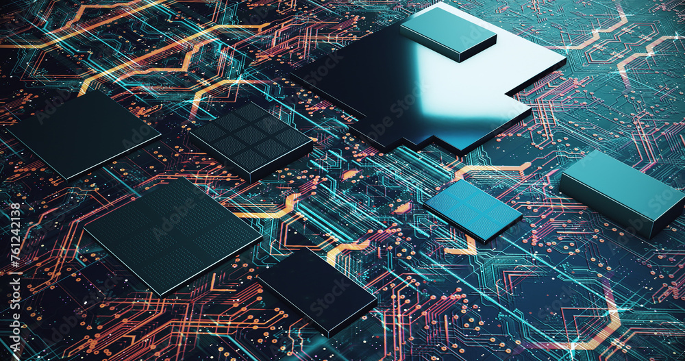 Circuit Board CPU Processor Starting Digitalization Process and Cloud Computing. Technology ...