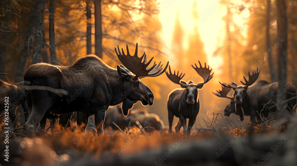 Moose family in the forest in summer evening with setting sun. Group of ...