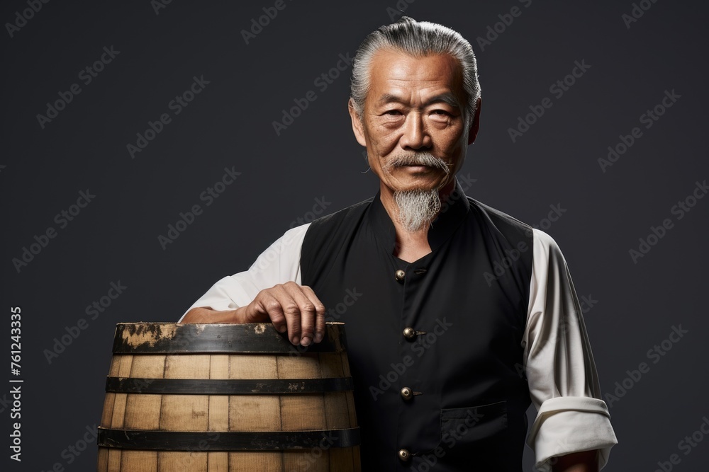 An older East Asian master distiller, with a dignified presence, leans ...