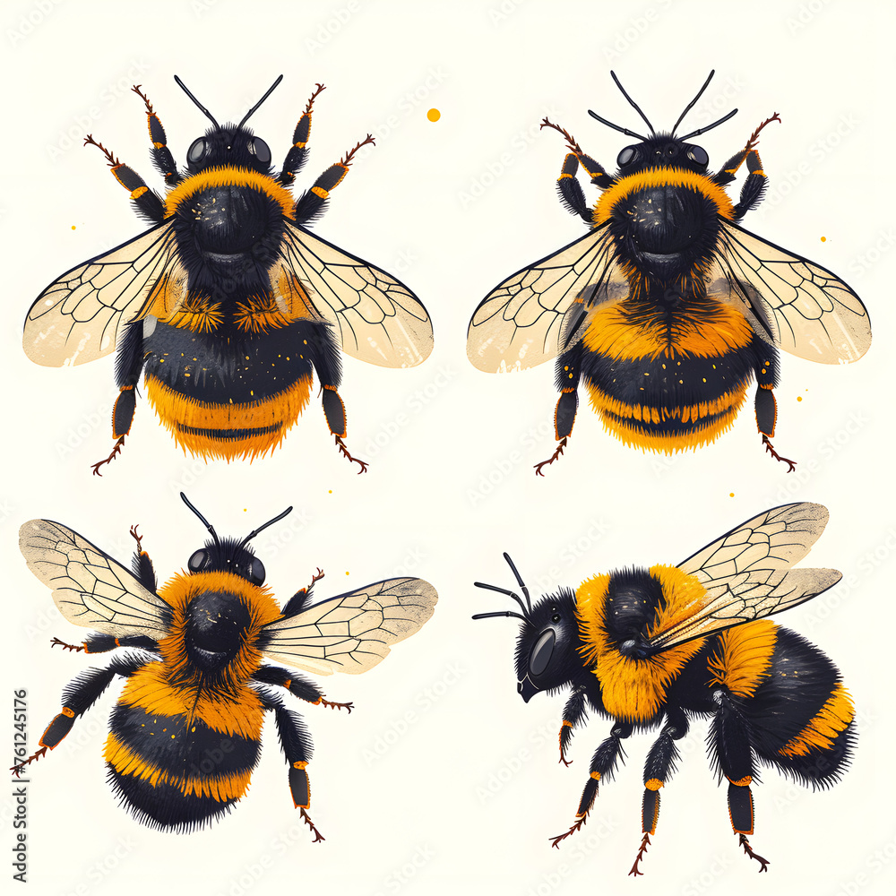 Four detailed illustrations of bumblebees in various poses on a white ...