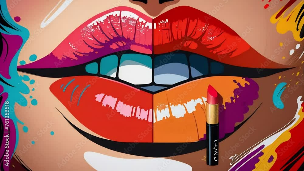 Close-up of bright painted lips with white teeth in pop art style with ...