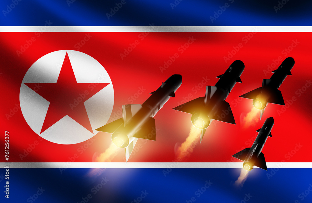 Military missiles from North Korea. Flag of DPRK. Ballistic missiles ...
