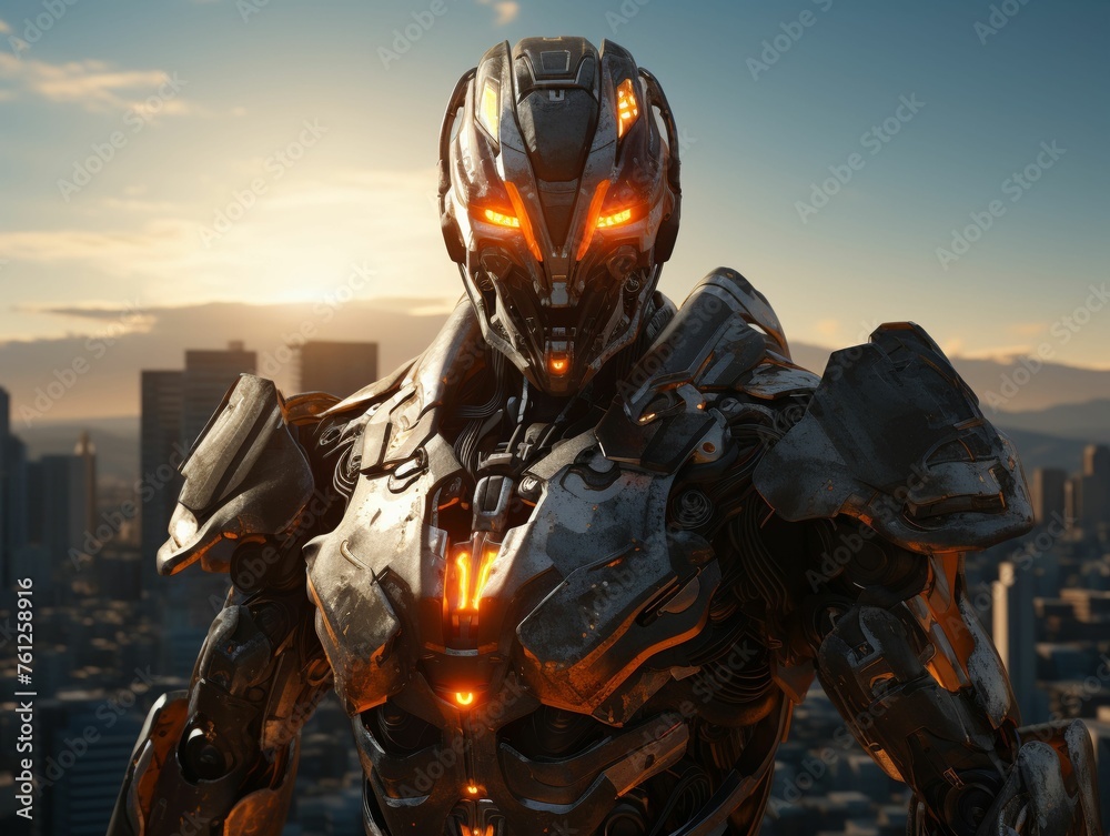 Giant Robot, titanium armor, towering over city buildings, observing ...