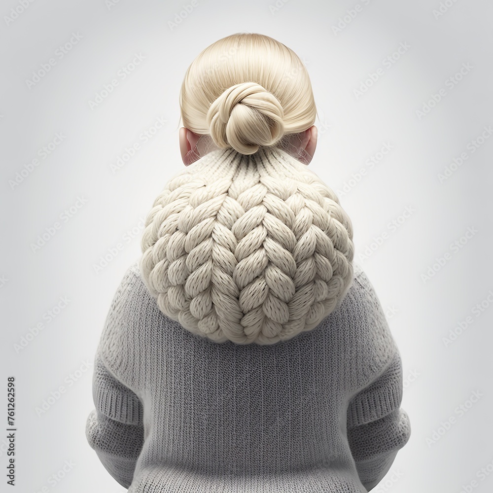 professional blonde hair bun model back view in a Four, five knitting ...