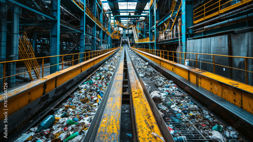 Industrial waste management facility with a conveyor belt transporting ...