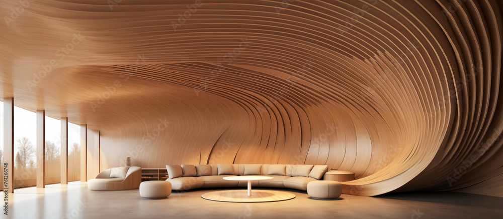 modern living room design of wooden arched ceiling and curved lines ...