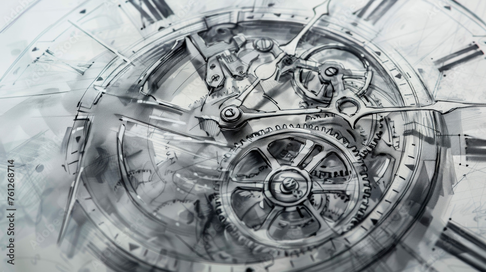 A detailed drawing of a complex mechanical watch face, showcasing the ...