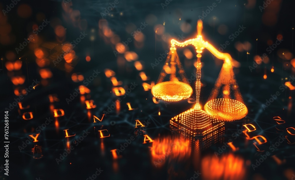 A glowing yellow icon of the scales of justice floating above an array ...