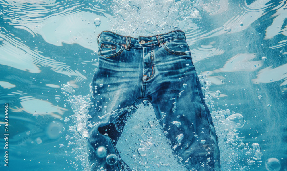 A pair of denim jeans is immersed in a body of clear blue water ...