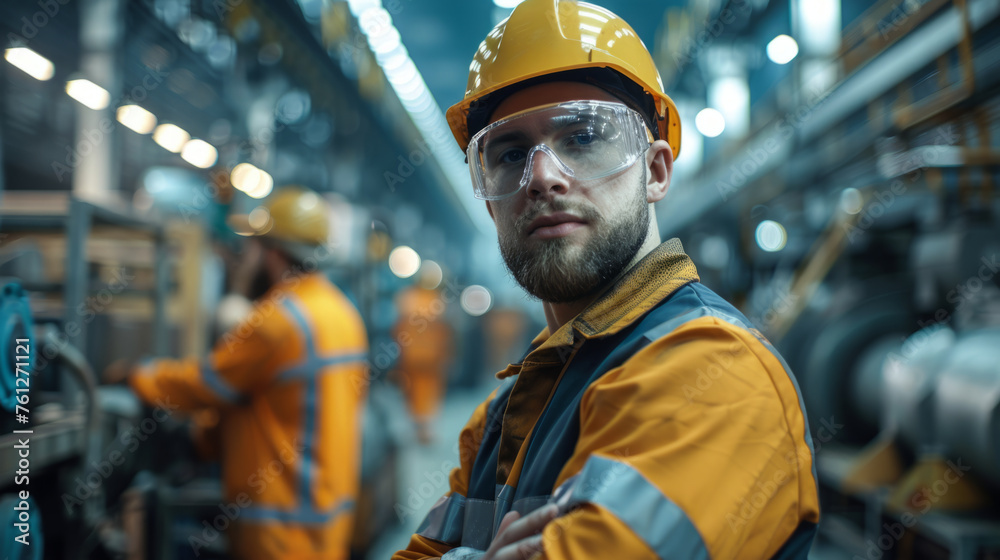 A worker wearing a safety helmet and reflective vest stands in an ...