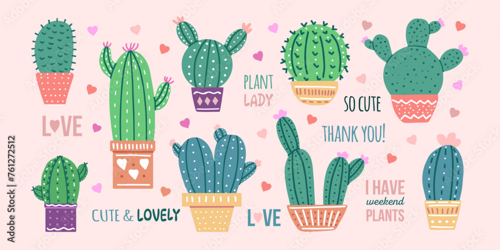 Hand-drawn vector cacti set with calligraphy, lettering. Flat style ...