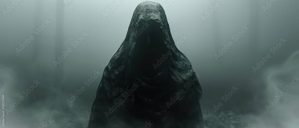 Shadowy Figure, Hooded Cloak, Eerie presence, Delving into the depths ...