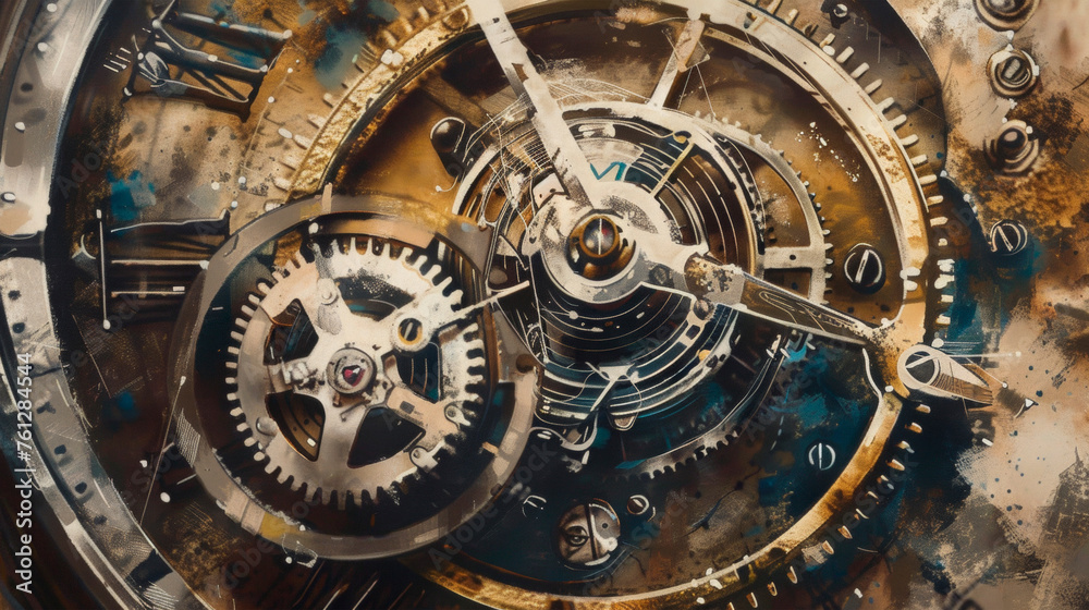 A detailed close-up of a clock face with exposed gears turning. The ...