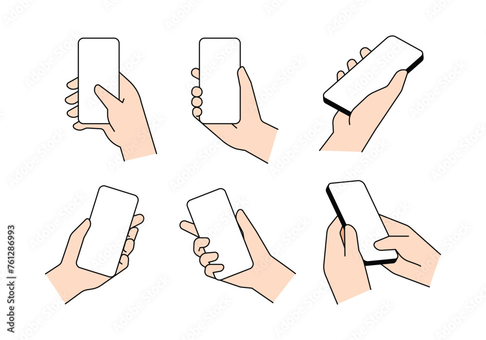 Hands holding mobile phones set. Fingers touching, tapping, scrolling smartphone screens, using ...