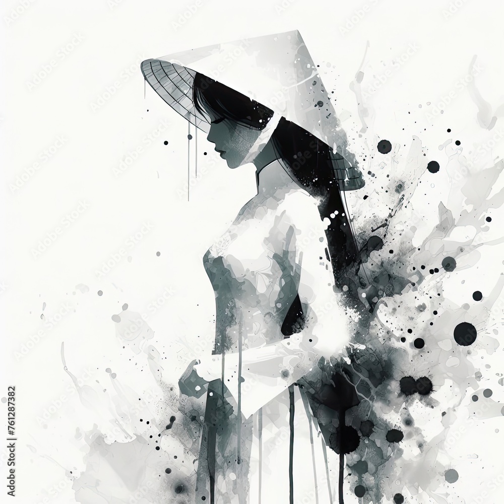 Vietnamese girl wearing traditional clothes aodai in splash ink ...