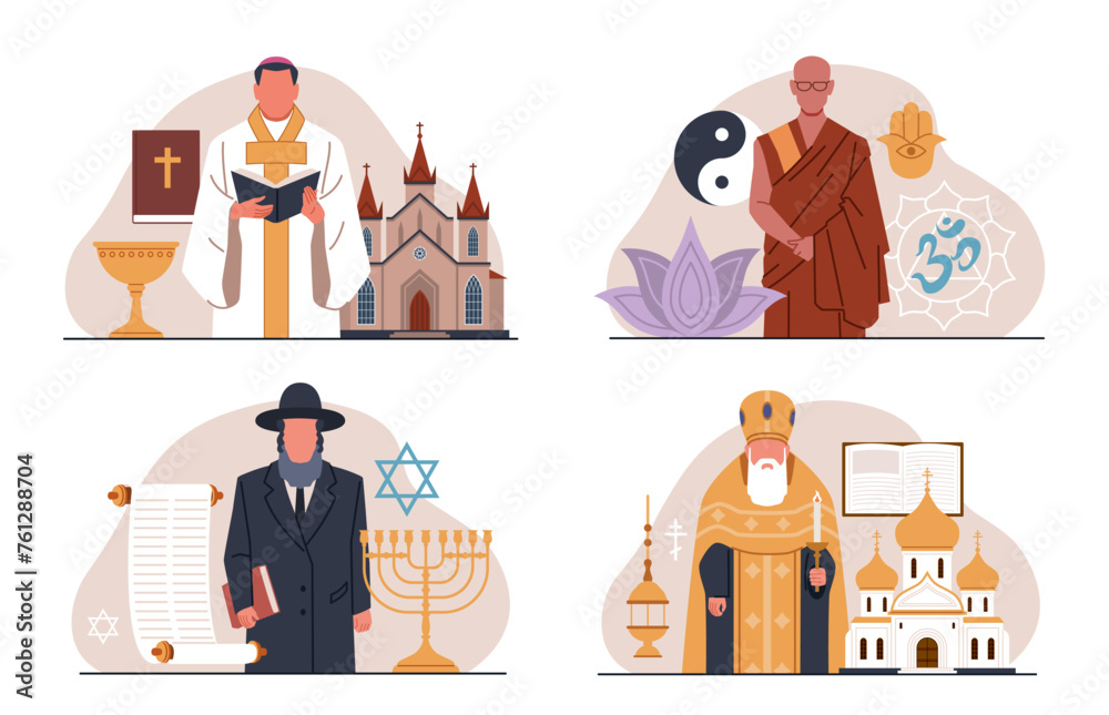 World religions. Different faiths signs, symbols, priests, preachers ...