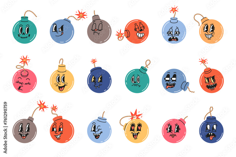 Funny bomb characters. Comic retro cartoons with cute emotions, crazy ...