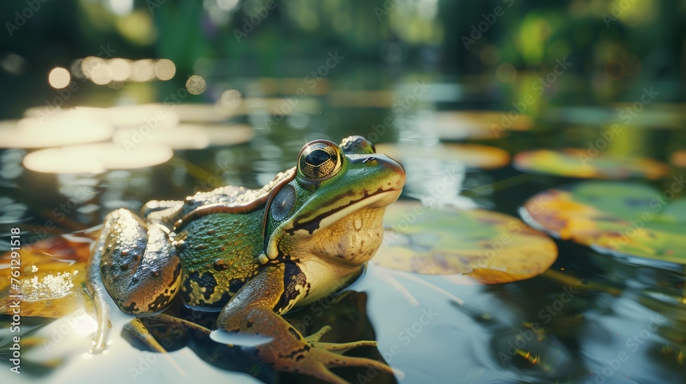 common water frog on a green pond; the frogs are also known as the ...