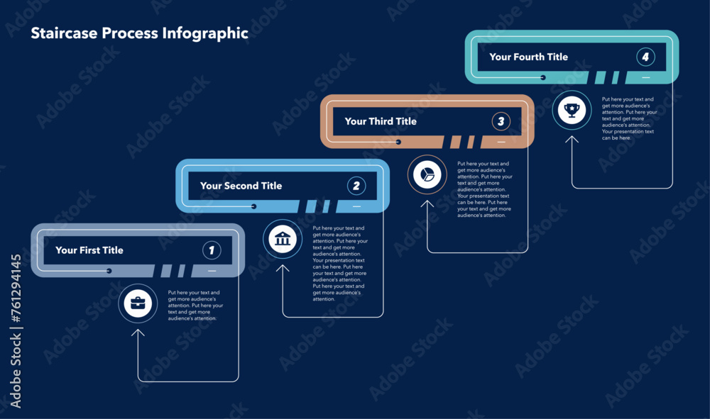 Staircase process infographic template with four steps - dark version ...