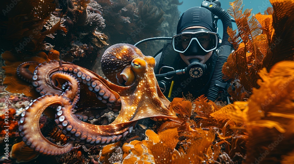 Diver Encountering a Giant Octopus Undersea,An underwater explorer ...