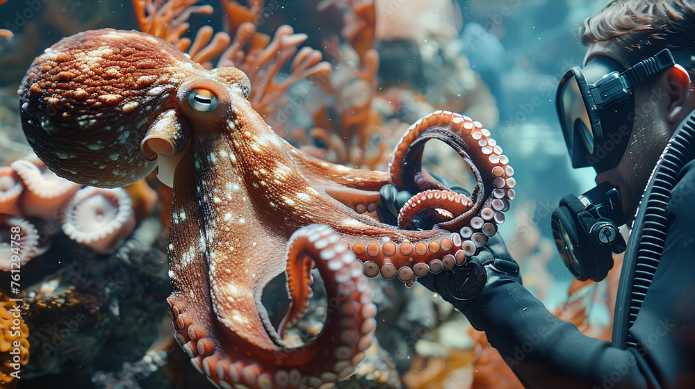 Diver Encountering a Giant Octopus Undersea,An underwater explorer ...