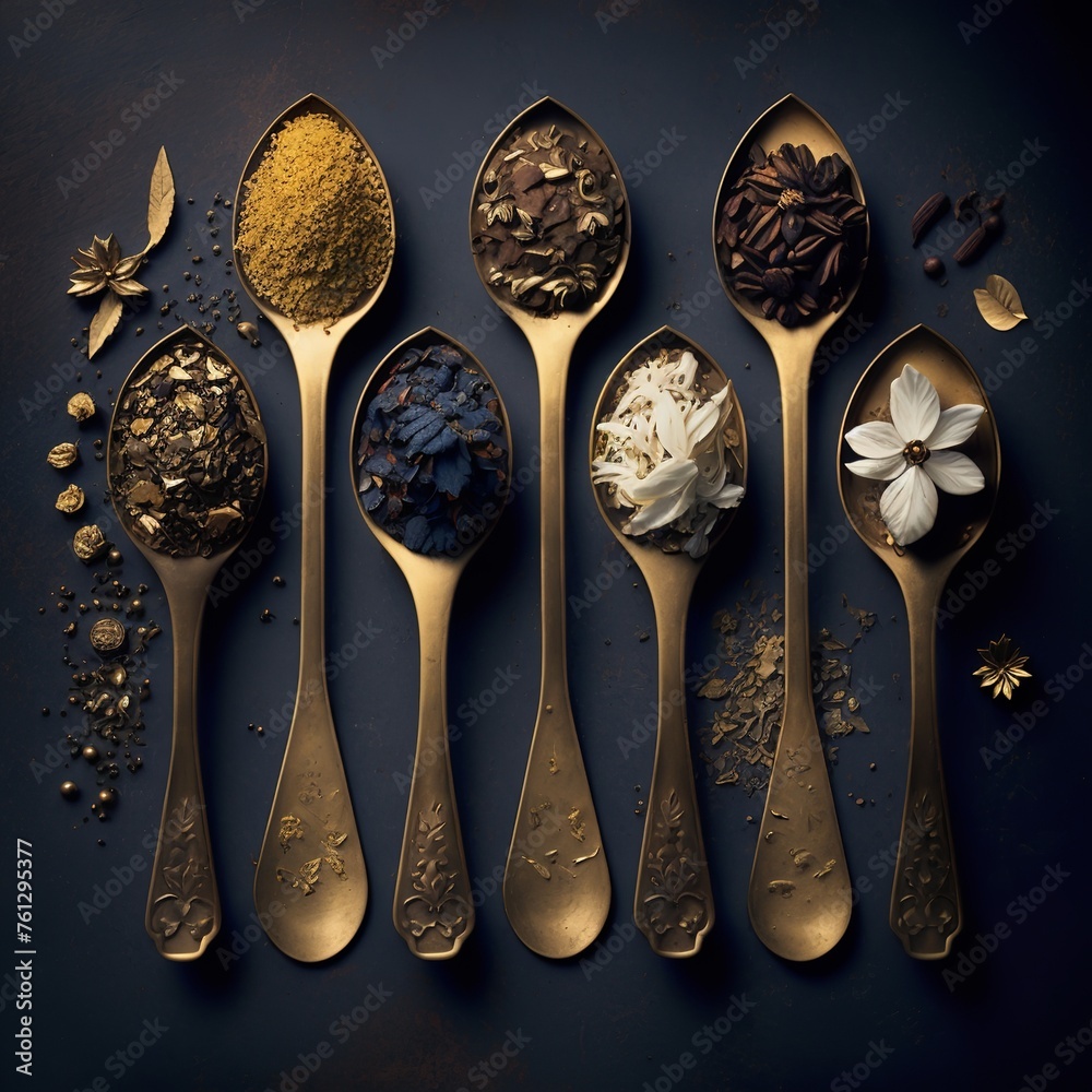 Assortment of dry tea in vintage golden spoons spices india curry ...