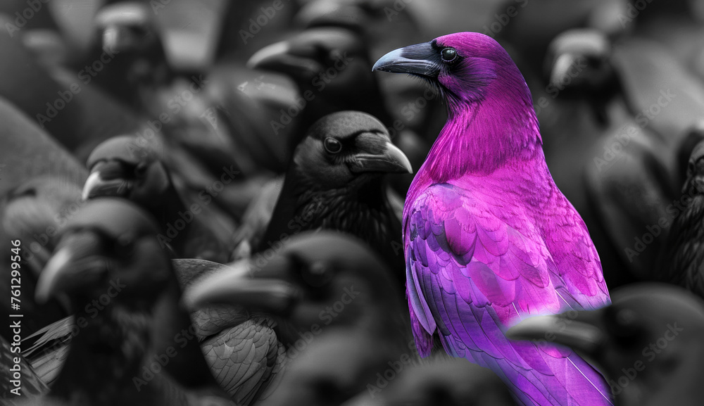 Purple crow alone in a crowd of black crows, concept of standing out ...