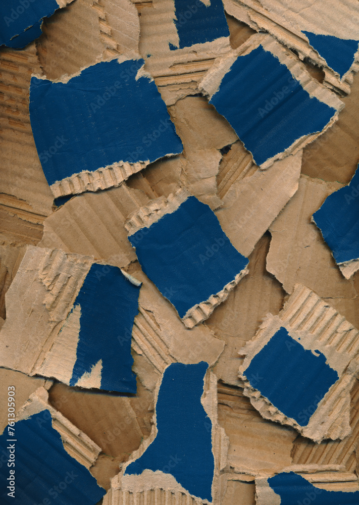 Texture from pieces of torn colored cardboard. Blue brown carton ...