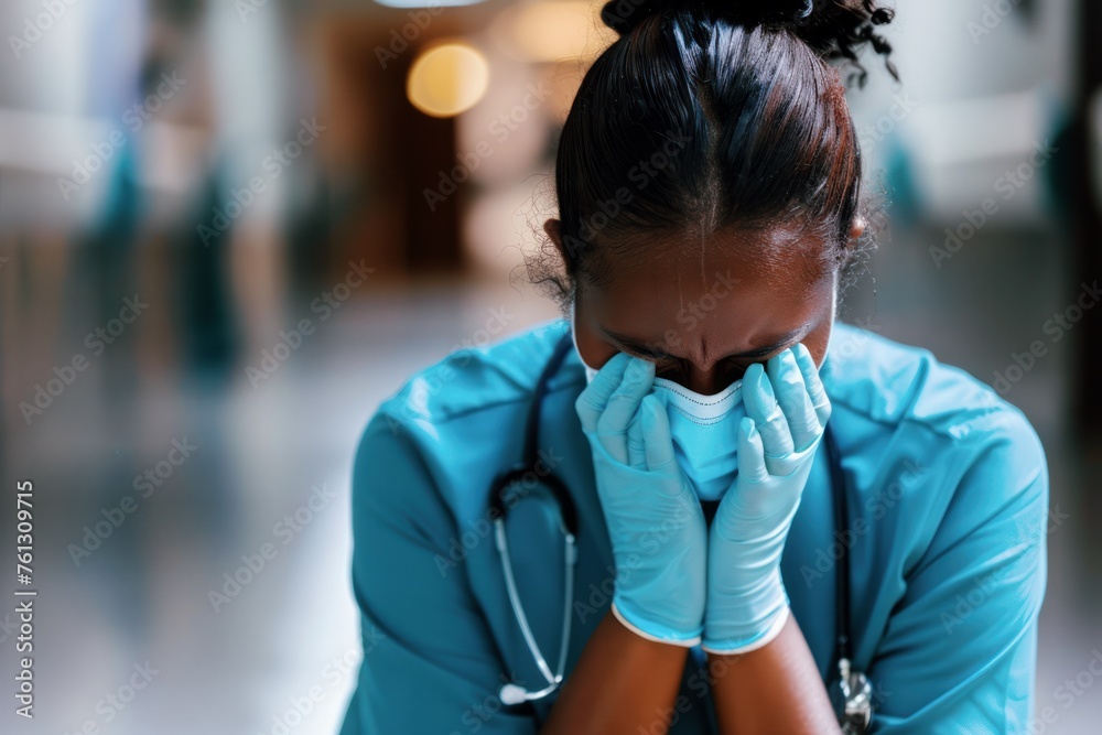 sad and tired depressed female african american nurse sits on hospital ...