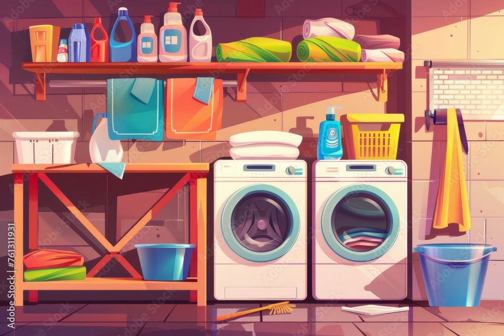 Basement laundry room interior. Cartoon illustration style. Cellar ...