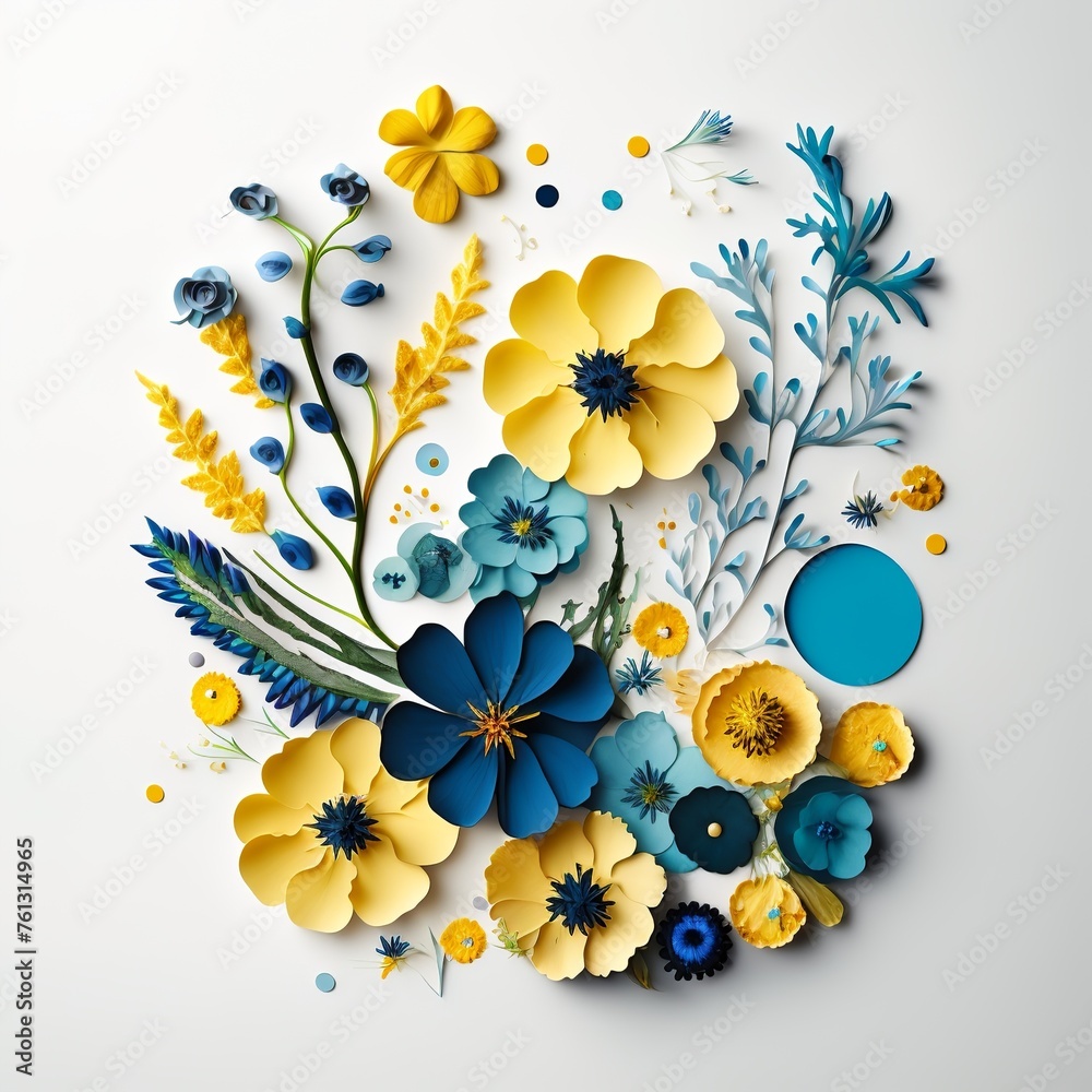 Creative layout made with beautiful yellow and blue flowers on white ...