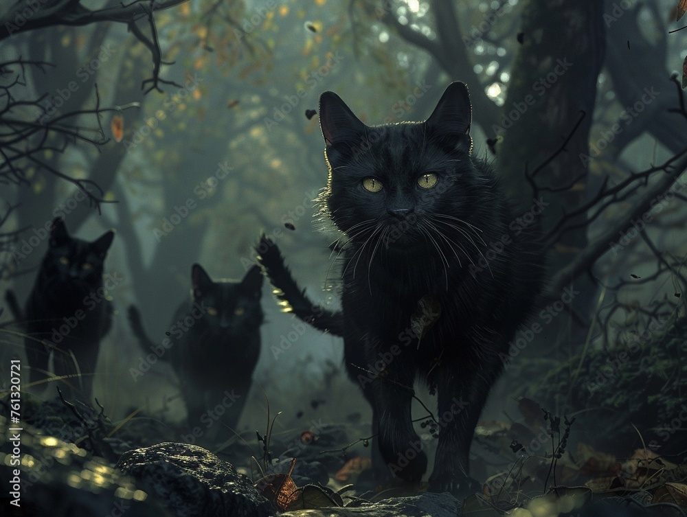 3D Illustrate of Cats in the Heart of Darkness In the depths of a ...