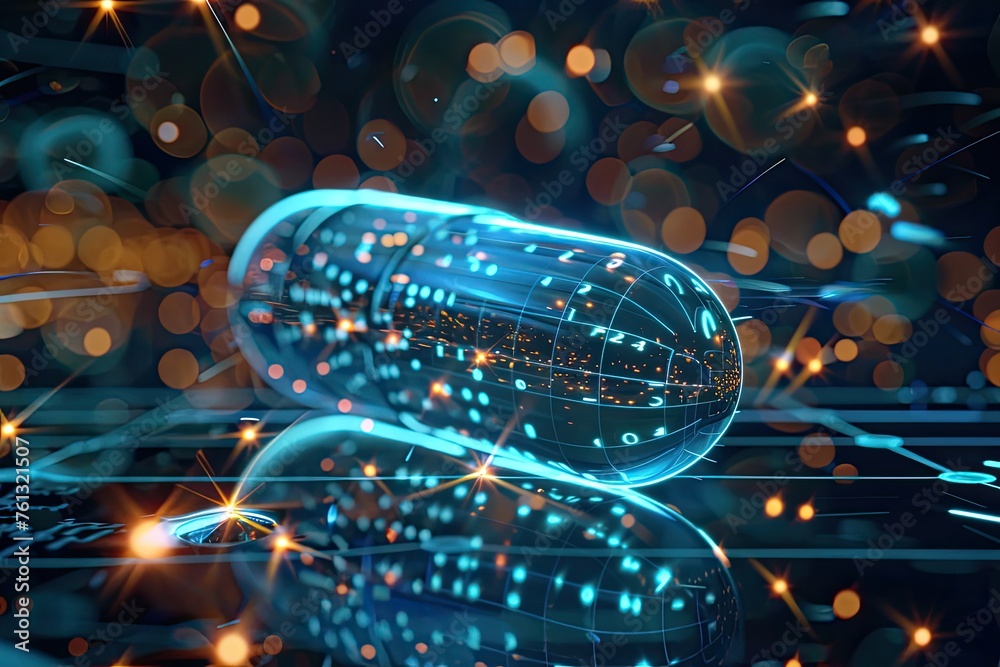 A 3D visualization of a pill dissolving into a digital matrix ...