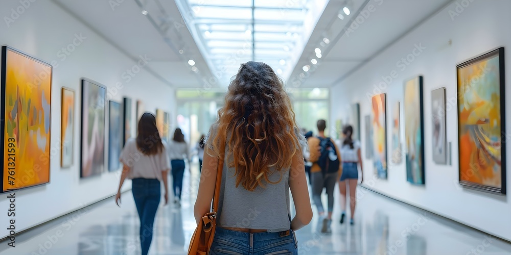 People enjoying art exhibits in a modern museum with interactive ...
