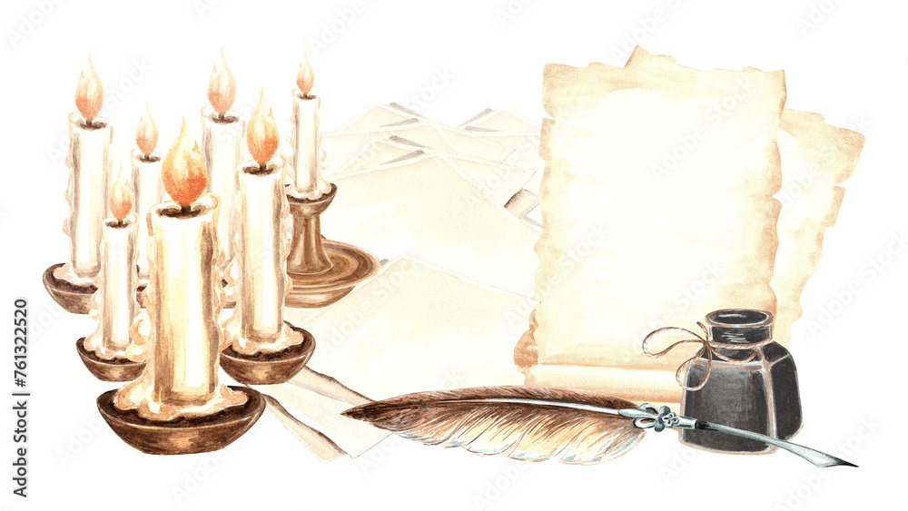 Sheets of parchment paper and burning candles, feather pen with inkwel ...