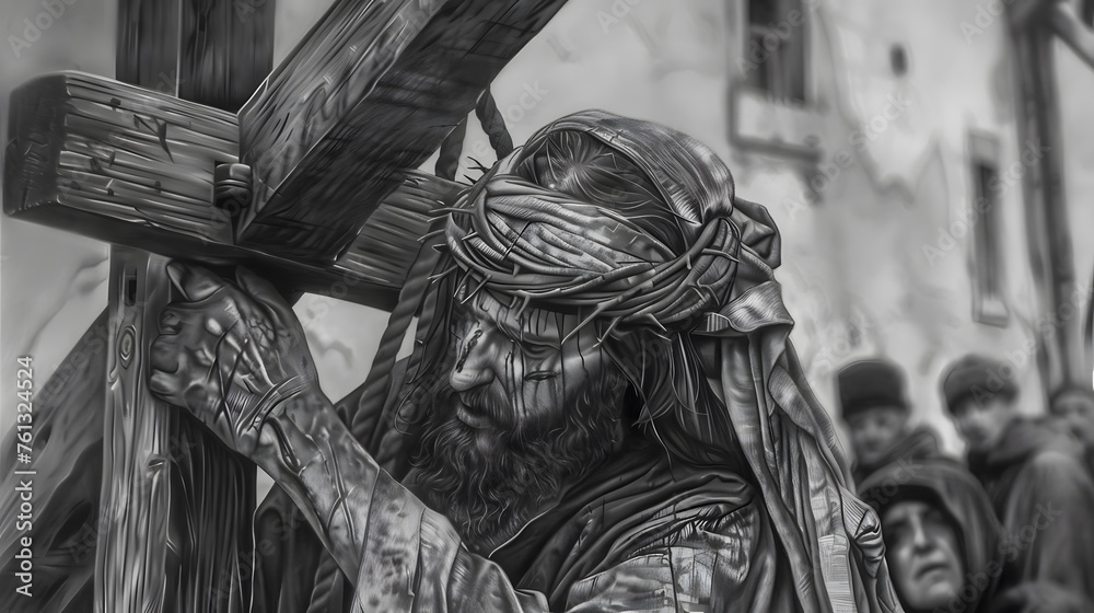 Jesus carrying the cross along the Via Dolorosa in a detailed pencil ...