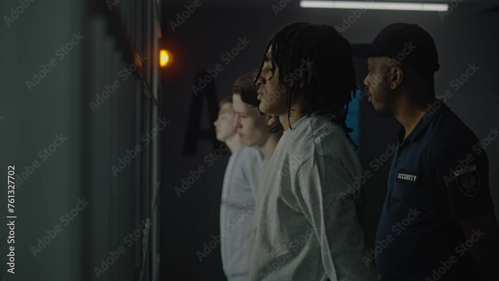 Group of teen prisoners stand in front of jail cells, warden talks with ...