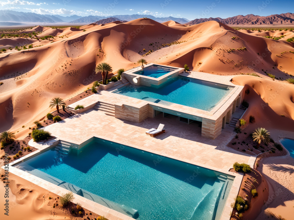 A drone shot of a luxury swimming pools in the desert, sand dunes ...