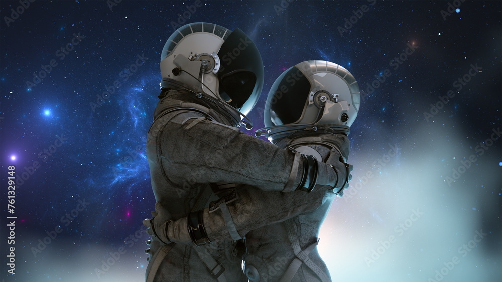 Two of astronauts couple in embrace with visor touching, surrounded by the starry expanse of ...