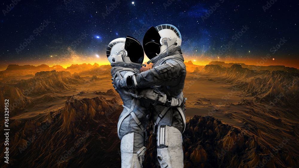 Two astronauts embracing on an alien planet, with a horizon glowing ...