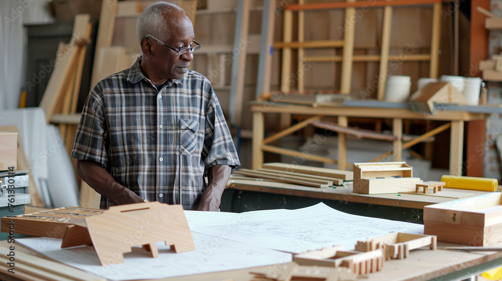 In a well-organized carpentry workshop, a senior Afro-American ...