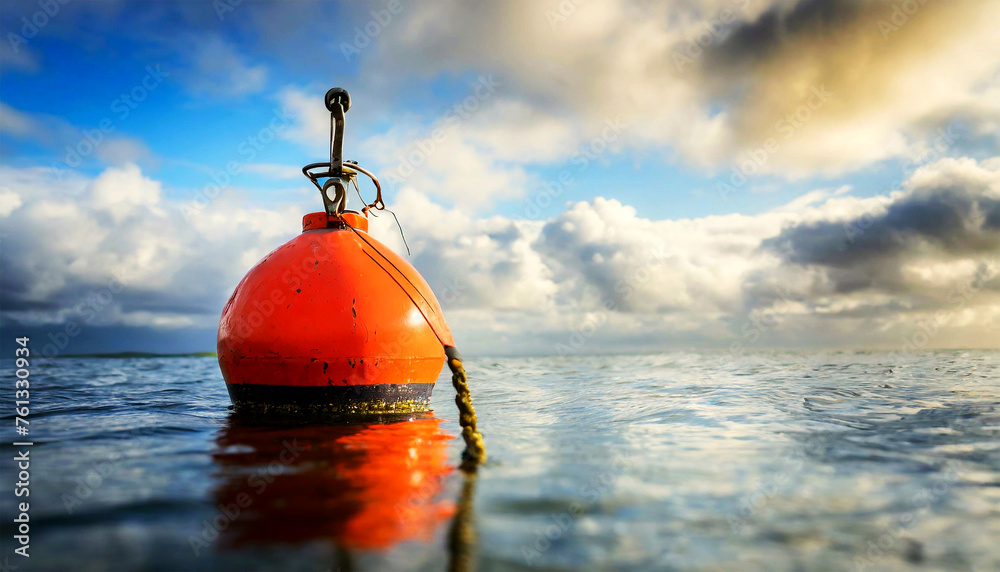 Closeup and bottom view of a red and orange large buoy for mooring ...
