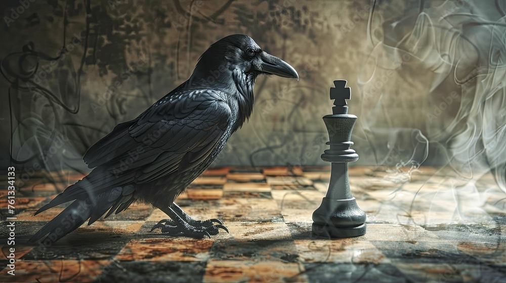 A single raven casting a shadow that morphs into a chess piece on a ...