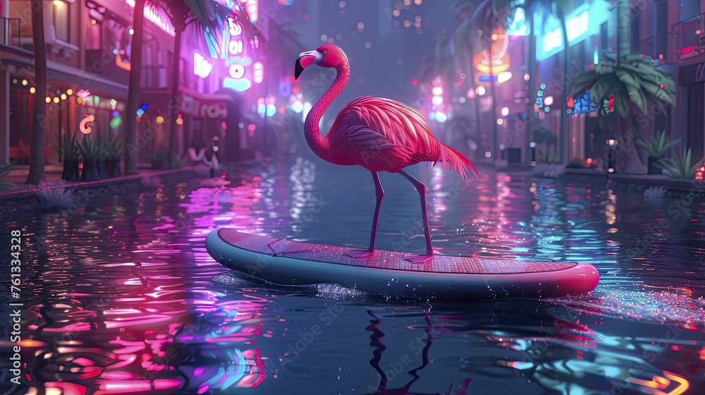 Flamingo gracefully balances on one leg on a paddleboard, gliding ...