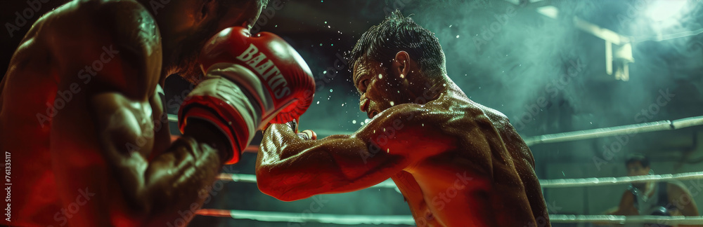 Two boxers engage in an electrifying boxing match, their faces blurred ...
