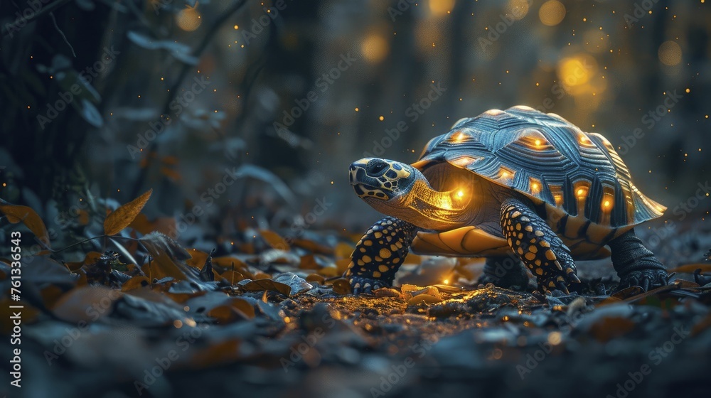 Turtle with its shell illuminated from within, shining a light on a ...
