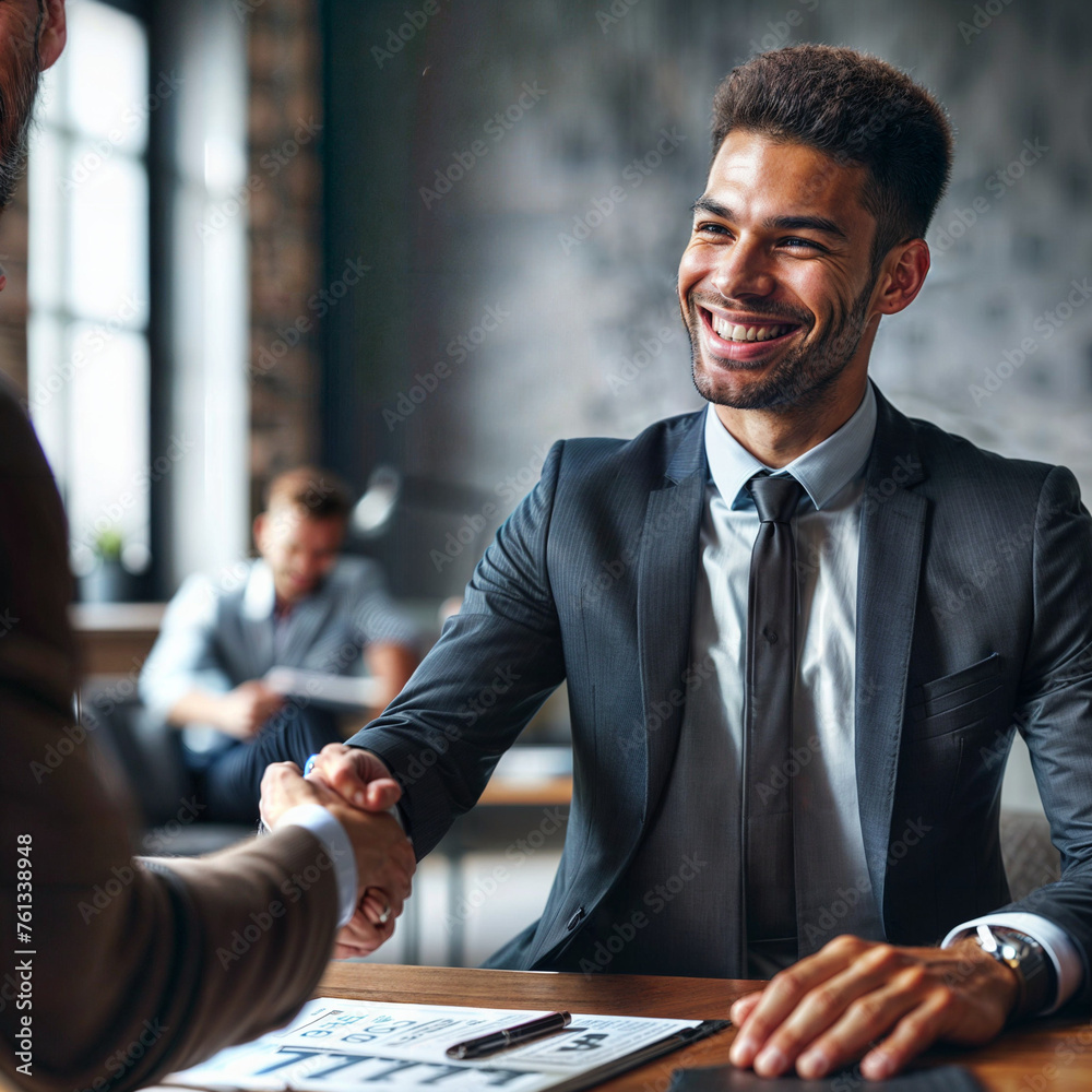 smiling man in a suit shaking hands with a colleague in a meeting room ...
