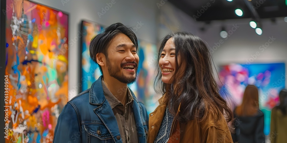 Asian couple smiling and admiring artwork at a contemporary museum ...